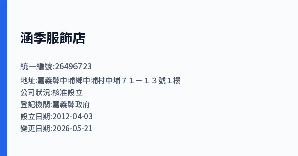 涵季服飾店的照片-統編 26496723(嘉義縣) 公司登記資料與營業項目詳細圖表
