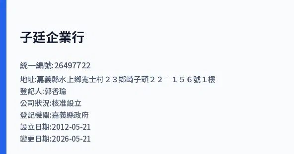 子廷企業行的照片-統編 26497722(嘉義縣) 公司登記資料與營業項目詳細圖表