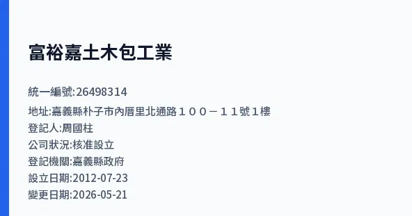 富裕嘉土木包工業的照片-統編 26498314(嘉義縣) 公司登記資料與營業項目詳細圖表
