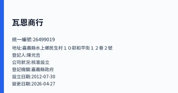 瓦恩商行的照片-統編 26499019(嘉義縣) 公司登記資料與營業項目詳細圖表