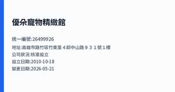 優朵寵物精緻館的照片-統編 26499926(高雄市) 公司登記資料與營業項目詳細圖表