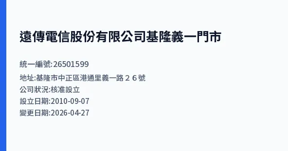 遠傳電信股份有限公司基隆義一門市的照片-統編 26501599(基隆市) 公司登記資料與營業項目詳細圖表