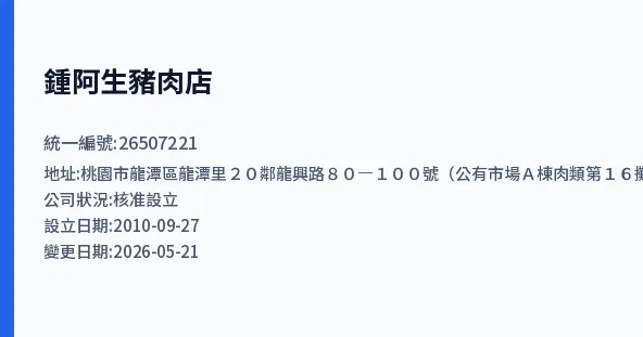 鍾阿生豬肉店的照片-統編 26507221(桃園市) 公司登記資料與營業項目詳細圖表