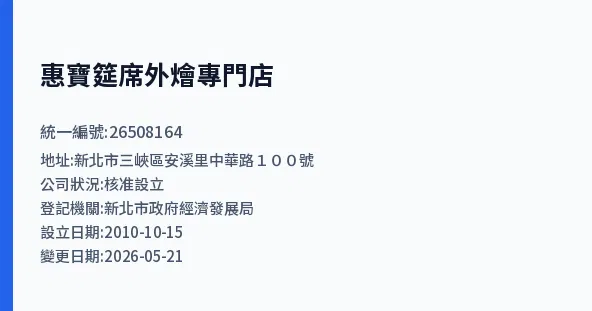 惠寶筵席外燴專門店的照片-統編 26508164(新北市) 公司登記資料與營業項目詳細圖表