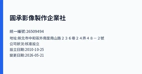 圓承影像製作企業社的照片-統編 26509494(新北市) 公司登記資料與營業項目詳細圖表