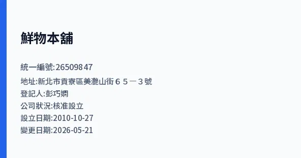鮮物本舖的照片-統編 26509847(新北市) 公司登記資料與營業項目詳細圖表