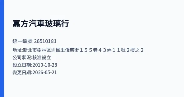 嘉方汽車玻璃行的照片-統編 26510181(新北市) 公司登記資料與營業項目詳細圖表