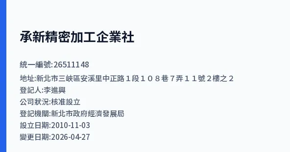 承新精密加工企業社的照片-統編 26511148(新北市) 公司登記資料與營業項目詳細圖表