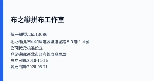布之戀拼布工作室的照片-統編 26513096(新北市) 公司登記資料與營業項目詳細圖表