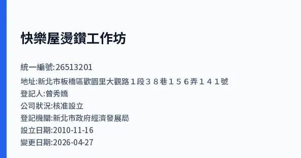快樂屋燙鑽工作坊的照片-統編 26513201(新北市) 公司登記資料與營業項目詳細圖表