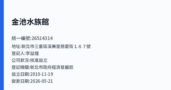 金池水族館的照片-統編 26514314(新北市) 公司登記資料與營業項目詳細圖表