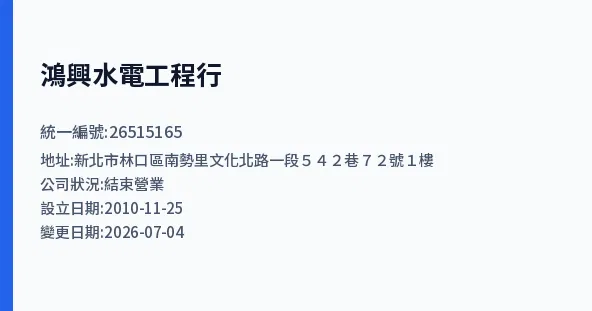 鴻興水電工程行的照片-統編 26515165(新北市) 公司登記資料與營業項目詳細圖表
