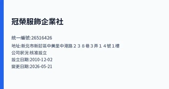 冠榮服飾企業社的照片-統編 26516426(新北市) 公司登記資料與營業項目詳細圖表