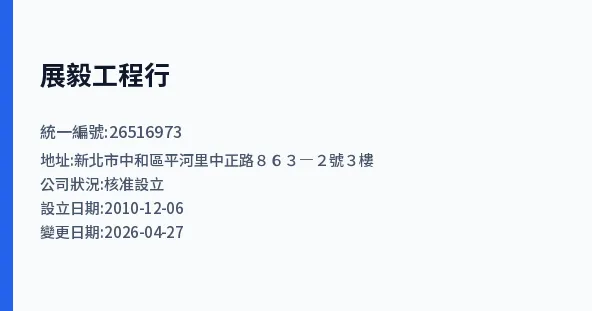 展毅工程行的照片-統編 26516973(新北市) 公司登記資料與營業項目詳細圖表
