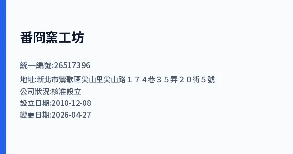 番冏窯工坊的照片-統編 26517396(新北市) 公司登記資料與營業項目詳細圖表