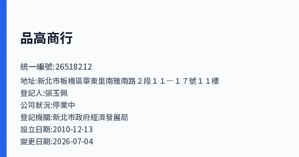 品高商行的照片-統編 26518212(新北市) 公司登記資料與營業項目詳細圖表