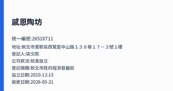 感恩陶坊的照片-統編 26518711(新北市) 公司登記資料與營業項目詳細圖表