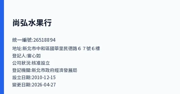 尚弘水果行的照片-統編 26518894(新北市) 公司登記資料與營業項目詳細圖表