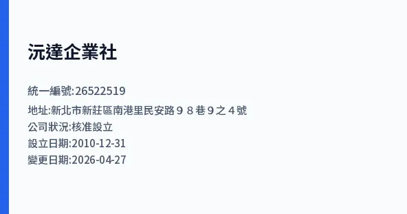 沅達企業社的照片-統編 26522519(新北市) 公司登記資料與營業項目詳細圖表