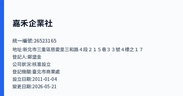 嘉禾企業社的照片-統編 26523165(新北市) 公司登記資料與營業項目詳細圖表