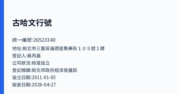 古哈文行號的照片-統編 26523340(新北市) 公司登記資料與營業項目詳細圖表