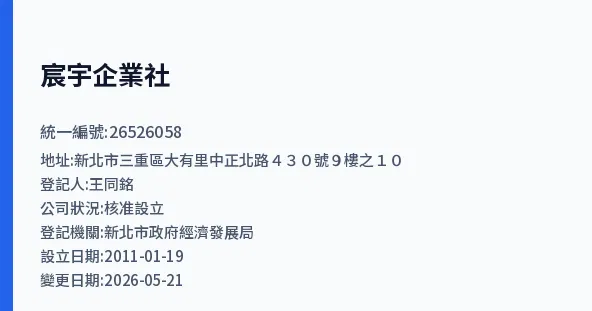 宸宇企業社的照片-統編 26526058(新北市) 公司登記資料與營業項目詳細圖表
