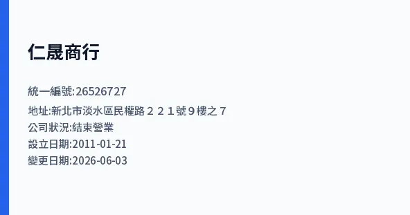 仁晟商行的照片-統編 26526727(新北市) 公司登記資料與營業項目詳細圖表