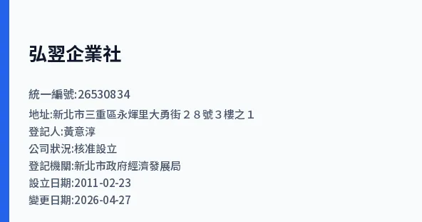弘翌企業社的照片-統編 26530834(新北市) 公司登記資料與營業項目詳細圖表