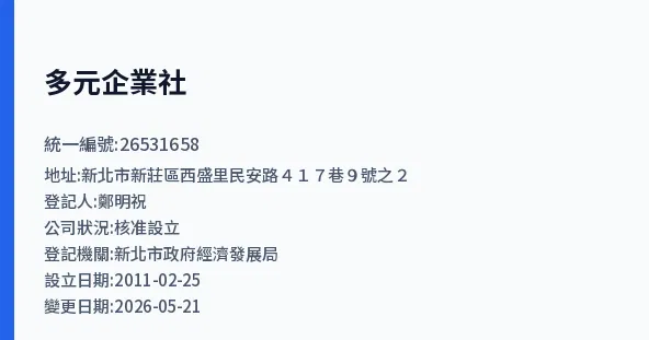 多元企業社的照片-統編 26531658(新北市) 公司登記資料與營業項目詳細圖表