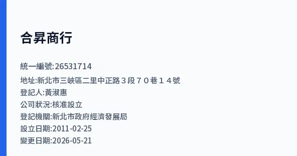 合昇商行的照片-統編 26531714(新北市) 公司登記資料與營業項目詳細圖表