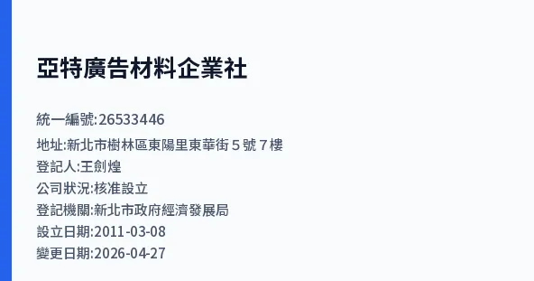 亞特廣告材料企業社的照片-統編 26533446(新北市) 公司登記資料與營業項目詳細圖表