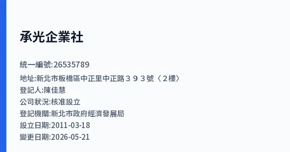 承光企業社的照片-統編 26535789(新北市) 公司登記資料與營業項目詳細圖表