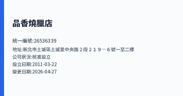 品香燒臘店的照片-統編 26536339(新北市) 公司登記資料與營業項目詳細圖表