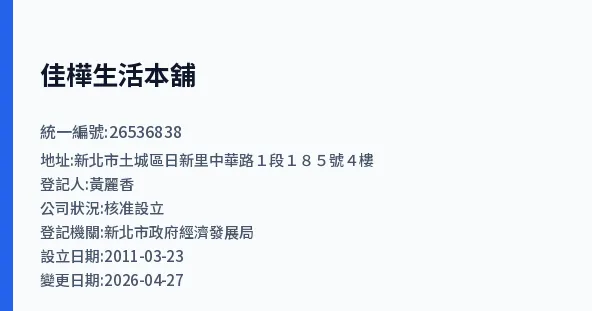 佳樺生活本舖的照片-統編 26536838(新北市) 公司登記資料與營業項目詳細圖表