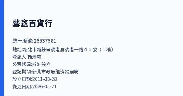 藝鑫百貨行的照片-統編 26537581(新北市) 公司登記資料與營業項目詳細圖表