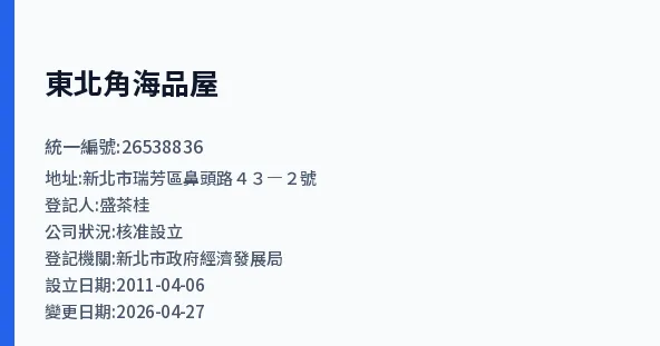 東北角海品屋的照片-統編 26538836(新北市) 公司登記資料與營業項目詳細圖表
