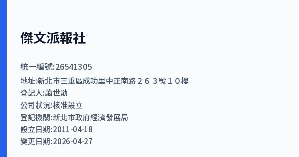 傑文派報社的照片-統編 26541305(新北市) 公司登記資料與營業項目詳細圖表