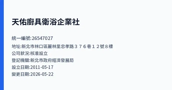 天佑廚具衛浴企業社的照片-統編 26547027(新北市) 公司登記資料與營業項目詳細圖表
