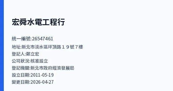 宏舜水電工程行的照片-統編 26547461(新北市) 公司登記資料與營業項目詳細圖表