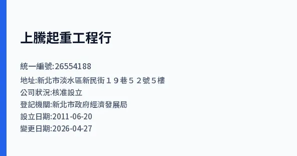 上騰起重工程行的照片-統編 26554188(新北市) 公司登記資料與營業項目詳細圖表