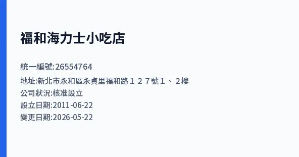 福和海力士小吃店的照片-統編 26554764(新北市) 公司登記資料與營業項目詳細圖表
