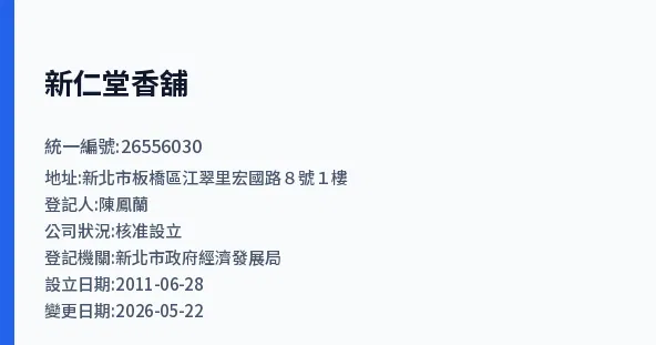 新仁堂香舖的照片-統編 26556030(新北市) 公司登記資料與營業項目詳細圖表