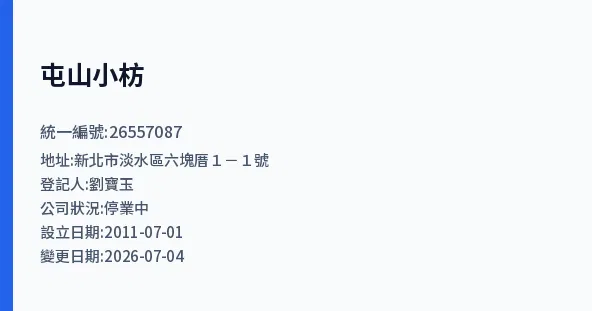 屯山小枋的照片-統編 26557087(新北市) 公司登記資料與營業項目詳細圖表