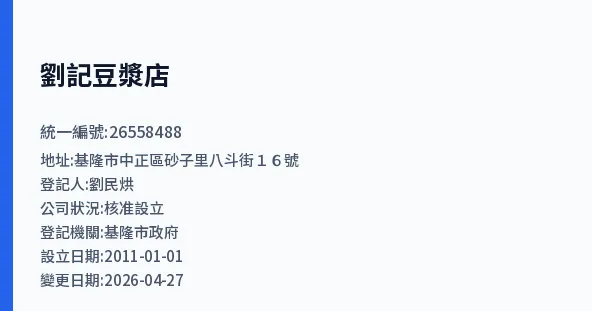 劉記豆漿店的照片-統編 26558488(基隆市) 公司登記資料與營業項目詳細圖表