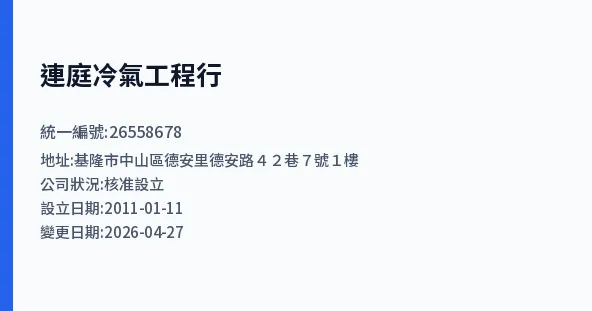 連庭冷氣工程行的照片-統編 26558678(基隆市) 公司登記資料與營業項目詳細圖表