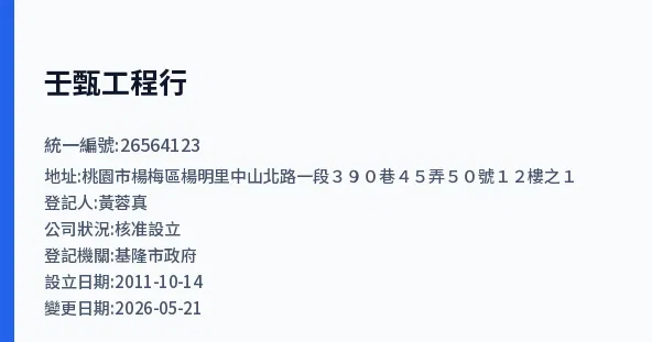 壬甄工程行的照片-統編 26564123(桃園市) 公司登記資料與營業項目詳細圖表