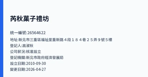 芮秋菓子禮坊的照片-統編 26564622(新北市) 公司登記資料與營業項目詳細圖表