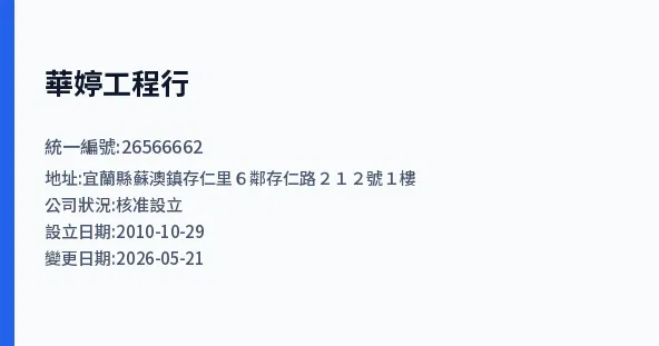 華婷工程行的照片-統編 26566662(宜蘭縣) 公司登記資料與營業項目詳細圖表