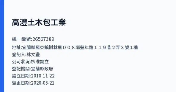 高灃土木包工業的照片-統編 26567389(宜蘭縣) 公司登記資料與營業項目詳細圖表