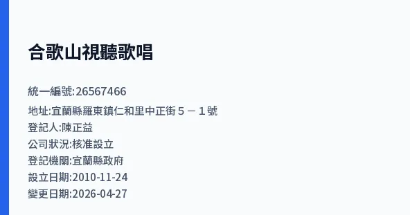 合歌山視聽歌唱的照片-統編 26567466(宜蘭縣) 公司登記資料與營業項目詳細圖表